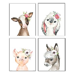 Designs by Maria Inc. Set of 4 UNFRAMED Farm animal kids nursery decor | Cute animal pictures | Animal posters safari wall decor | Farm Animal with Floral Crown Wall Art | Farmhouse Artwork (8"x10")