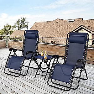 Goplus Zero Gravity Chair Set, 3 Pieces Outdoor Lounge Chair Recliners w/Side Table, Headrest and Cup Holders, Adjustable Folding Recliners and Table for Patio, Yard, Pool, Beach (Navy)