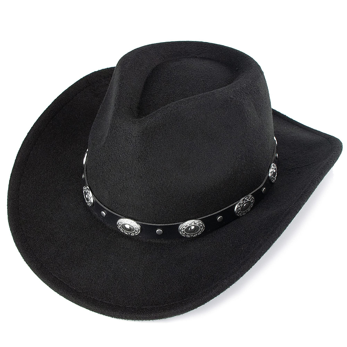 Women & Men Felt Western Cowboy Hat Classic Roll Up Brim Belt Buckle Cowgirl Fedora (M-L)