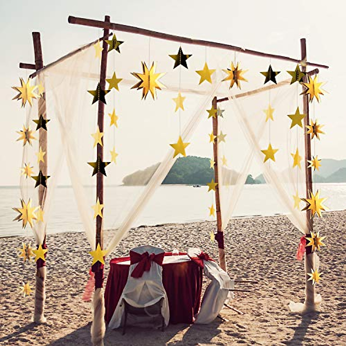 Bememo Christmas Star Garland 3D Hanging Paper Mixed Sizes Sparkly Star Banner for Christmas Tree Kid Room Wedding Birthday Party Decorations, 6 Pieces 65.6 Feet (Gold)