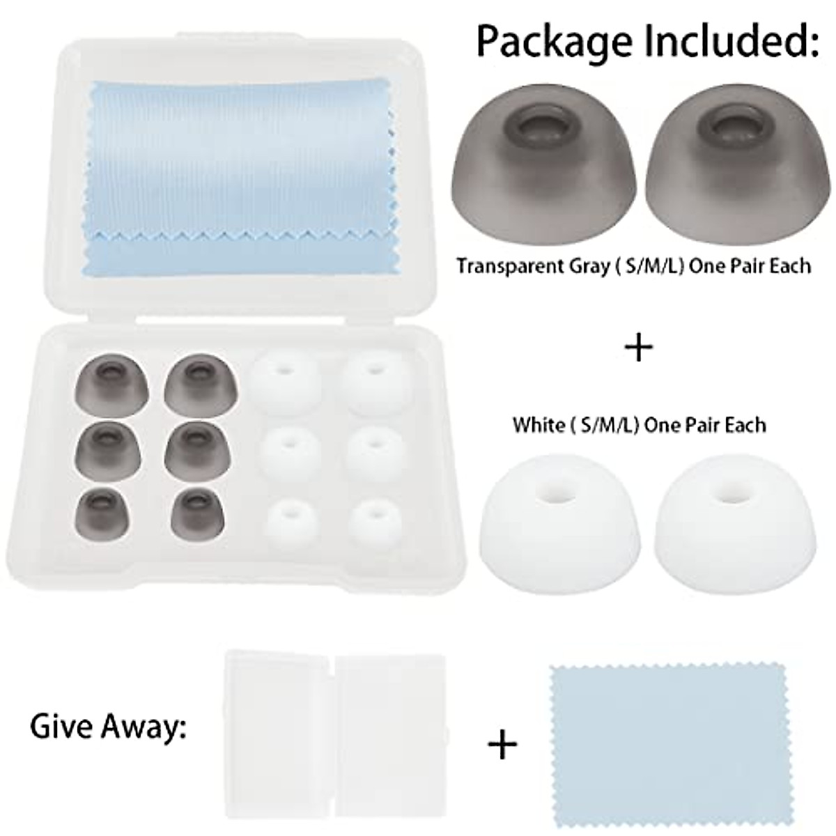 Ear Bud Replacement Pieces Silicone Soft Rubber Earbud Tips Eargel Cover, Compatible with Jabra Elite 75t/ 65t/ Active/ 7 Pro/Elite 3/ Elite S/M/L 6 Pairs Transparent Grey and White