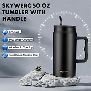 Skywerc 50 oz Tumbler with Handle, Vacuum Insulated Water Bottle with Lid and Straw, Stainless Steel Double Wall Travel Jug Coffee Mug, Keep Cold for 36H, 100% Leak-proof, Non-slip Base - Azure
