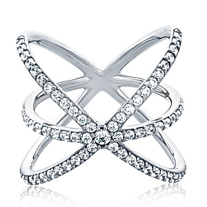 DoubleAccent Sterling Silver Ring Round CZ Stone Criss Cross Ring 18MM (Size 5 to 10), 9