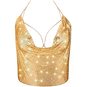 SATINIOR Shiny Tank Top for Women Crystal Body Neck Chain Sequin Tops with Nipple Pasties Double Sided Tape Party(Gold)