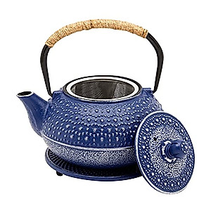 3 Piece Set Blue Japanese Cast Iron Teapot, Loose Leaf Tetsubin with Handle, Stainless Steel Infuser, and Trivet (27 oz, 800 ml)