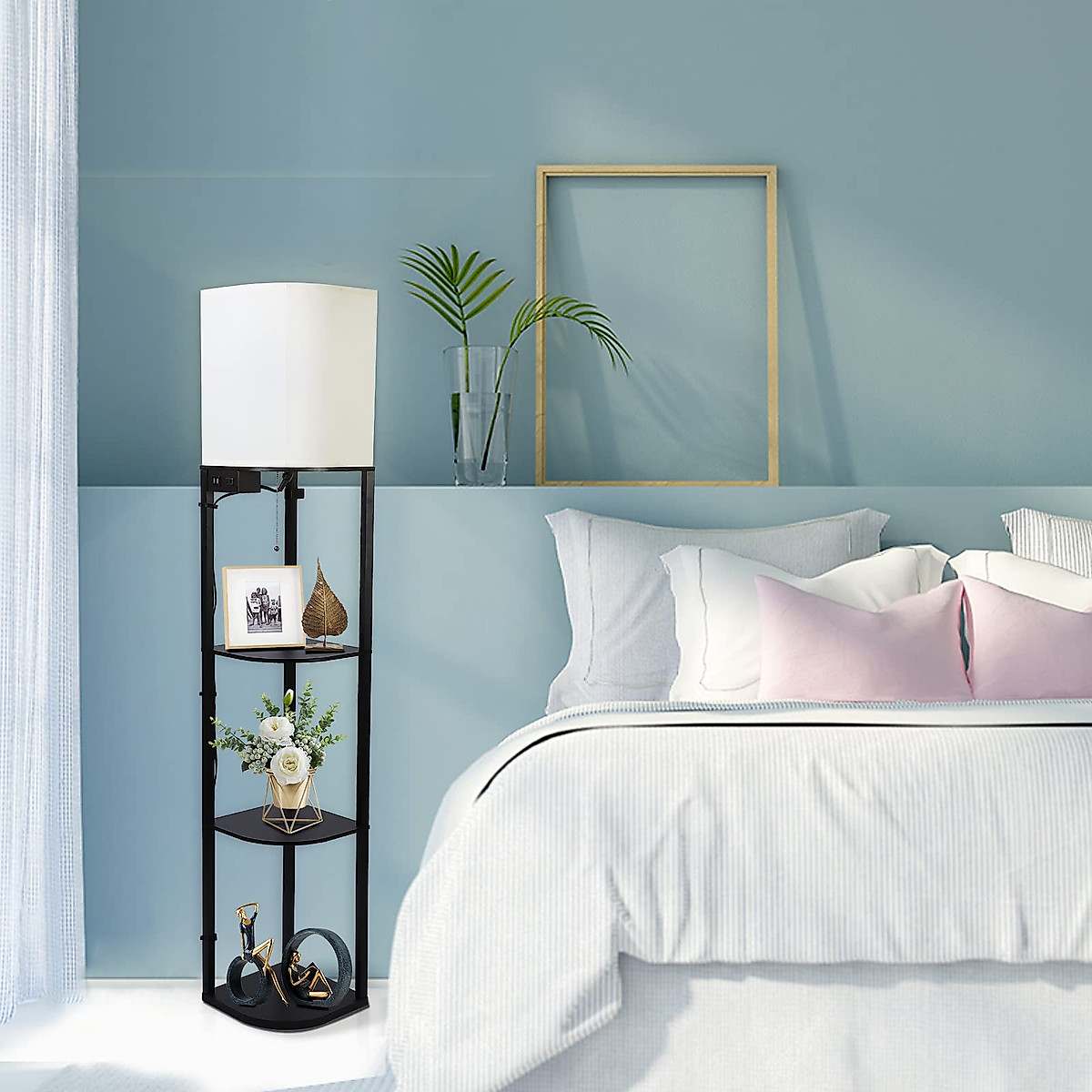 LUNSY Floor Lamp with Shelves, Smart RGB Shelf Floor Lamp with 2 USB Ports & 1 Power Outlet, Modern Display Floor Lamps with RGB Bulb, Standing Lamp for Living Room, Bedroom and Office - Black