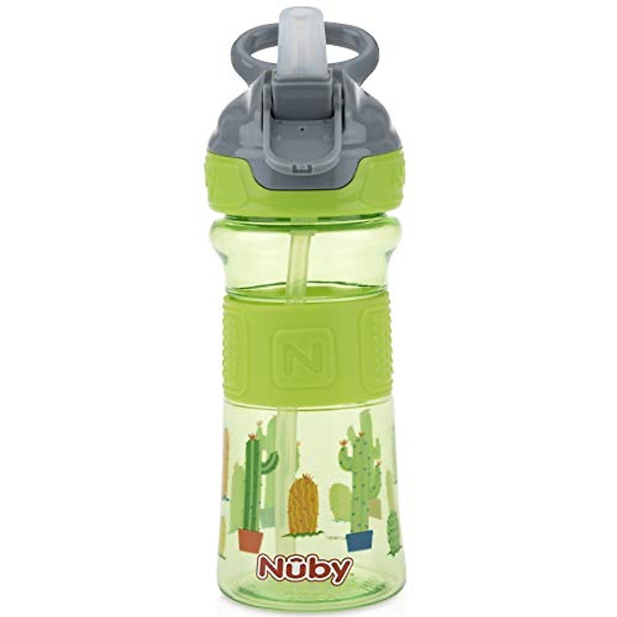 Nuby Thirsty Kids Push Button Flip-it Soft Spout on The Go Water Bottle with Easy Grip Band, Green Cactus, 12 Ounce