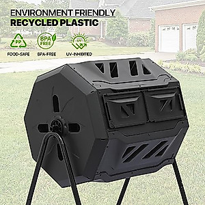 Magshion 43 Gal Chamber Compost Tumbler Outdoor Tumbling Composting Bins High Volume Garden Composter w/Dual Chamber Sliding Doors for Gardening, Black Sliding Doors