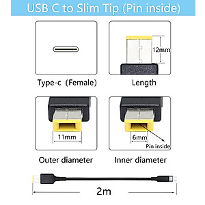 CERRXIAN 6.5ft 100W PD USB Type C Male Input to Slim tip Male Power Charging Cable for ThinkPad X1 Carbon T470s T470 T460 T460s T450 T450s(Square-100W)
