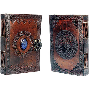 Antique Leather Journal, Leather Bound Writing pad, Blue Stone Embossed Blank Unlined Paper Notebook for Travel, Office, Thoughts, Sketching with Clasp, Vintage Gift for Men and Women Brown 7X5 Inches