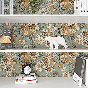 ReWallpaper Vintage Gold Floral Wallpaper Garden Bird Flower Peel and Stick Wallpaper for Bedroom Accent Wall 17.5in X 10ft Dark Cyan Teal Contact Paper for Cabinets Peel & Stick Vinyl Wall Paper