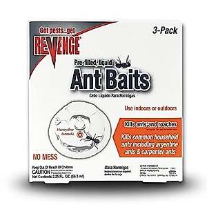 REVENGE Pack of 3 Liquid Ant Bait Stations, Ready-to-Use Indoors & Outdoors, Kills Ants & Roaches, No Mess Trap