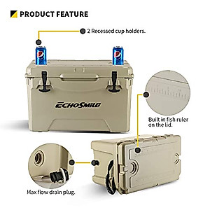 EchoSmile 35 Quart Rotomolded Cooler, 5 Days Protale Ice Cooler, Tan Ice Chest with Built-in Bottle Openers, Cup Holders, and Fish Ruler, Suit for BBQ, Camping, Pincnic, and Other Outdoor Activities