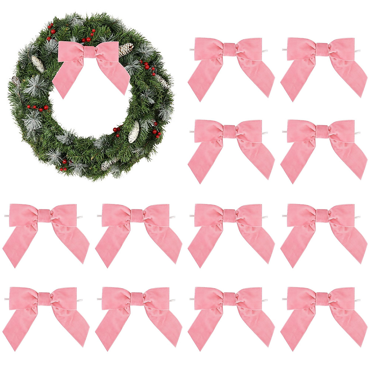 AIMUDI Pink Velvet Bows 4.5" Pink Velvet Easter Bows Premade Bows Light Pink Twist Tie Bows for Wreaths, Gift Basket, Spring Decor, Gift Wrapping, Swag, Wedding, Baby Shower Decoration - 12 PCs