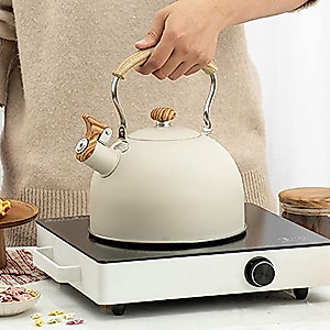 Tea Kettle,2.6 Quart Whistling Tea Kettle,Tea Kettle Stovetop,Food Grade Stainless Steel Teapot with Wood Pattern Handle, Loud Whistle Kettle for Tea, Coffee, Milk(Beige-2.6 Quart)