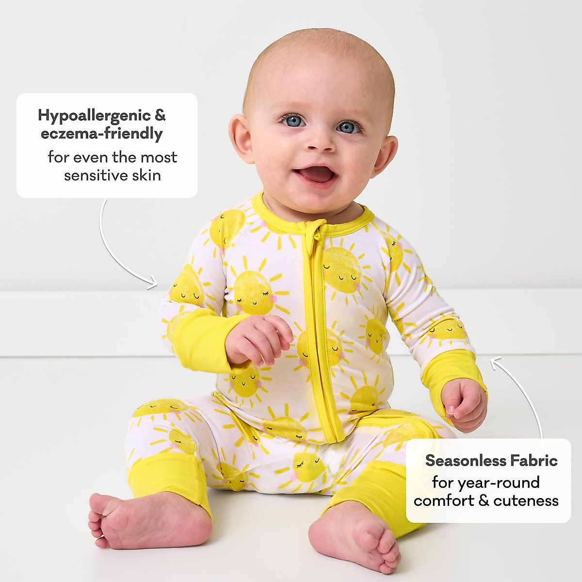 Little Sleepies Baby Pajama Unisex, Bamboo Viscose Zippy PJs, Sunshine, 3-6M
