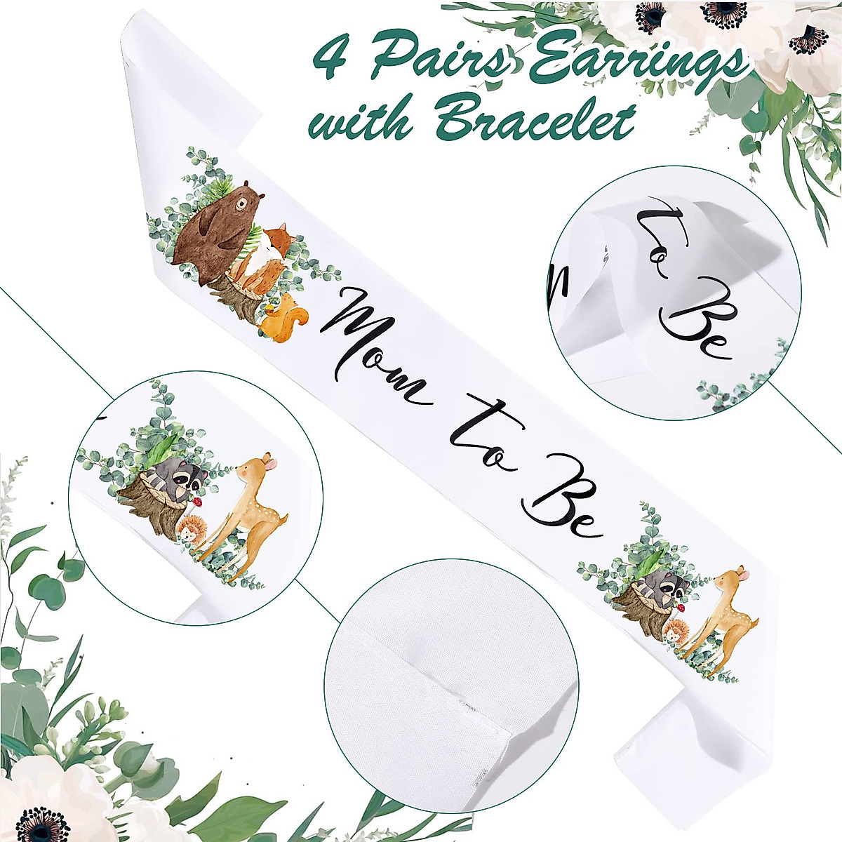 4 Pieces Mom to Be Sash for Woodland, Baby Shower Sash Mom to Be Corsage with Sage Green Leaf Crown Dad to Be Corsage Set Woodland Theme Baby Shower Party Favors for Gender Reveal (White Flower)