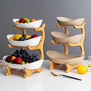 DYRABREST Oval Ceramic Fruit Plate Bowl, 3 Layer Ceramic Bamboo Frame Fruit Plate, Multi-layer White/Brown (Optional) Fruit Basket Holder Vegetables Storage Stand for Fruits Snacks Candy (White)