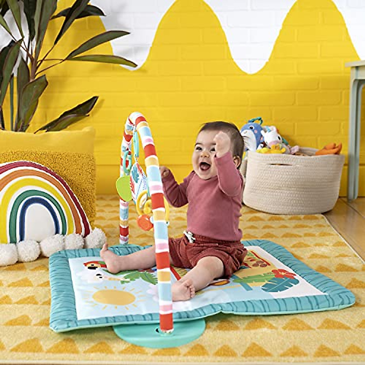 Bright Starts Tiki Bar Baby Activity Gym & Tummy Time Mat with Bar and 3 , Newborn to 3 Years