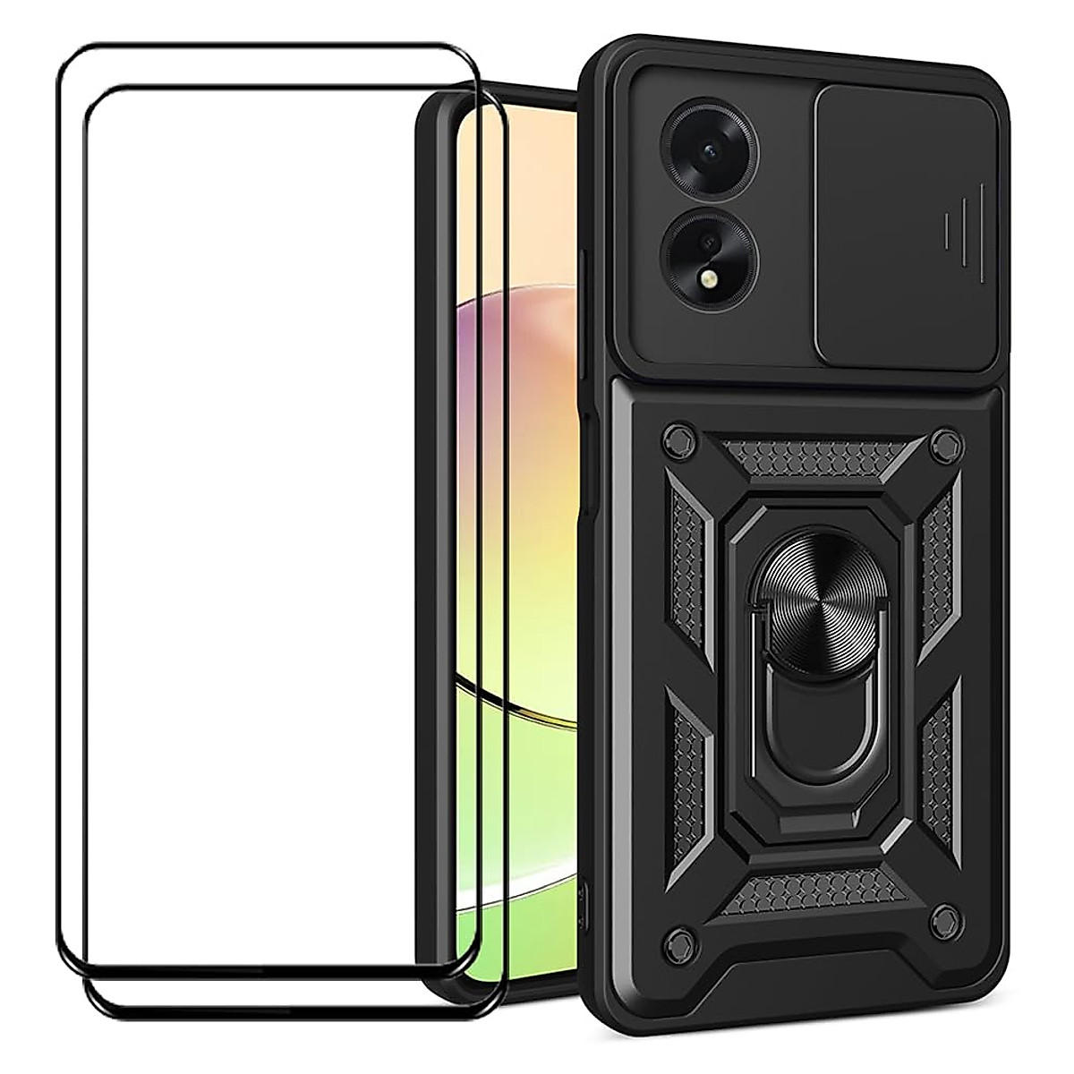 CNPUTAO Case for Oppo A78 4G with Tempered Glass Screen Protector [2 Pack],Sliding Camera Window, Kickstand, Shock-Proof Anti-Scratch Dual-Layer Phone Cover, Black