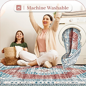 Boho Area Rug 8x10 Large Rug: Washable Non-Slip Rugs Chenille Print Rug Soft Low-Pile Indoor Vintage Carpet for Living Room Bedroom Dining Table Kitchen Home Office(BeigeBrown, 8'x10')