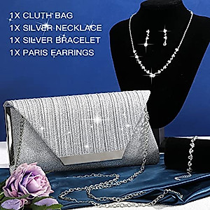 4 Pcs Bling Clutch Purse Rhinestone Jewelry Set for Women Evening Bag Crystal Earrings Bridal Necklace Bracelet Accessories for Wedding Ladies Prom Party (Silver)