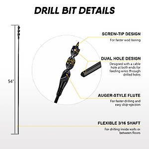 HANSHAN Flexible Installer Drill Bit Fish Bit for Pulling Wire Through Tight Spaces with Minimal Damage 9/16-Inch by 54-Inch