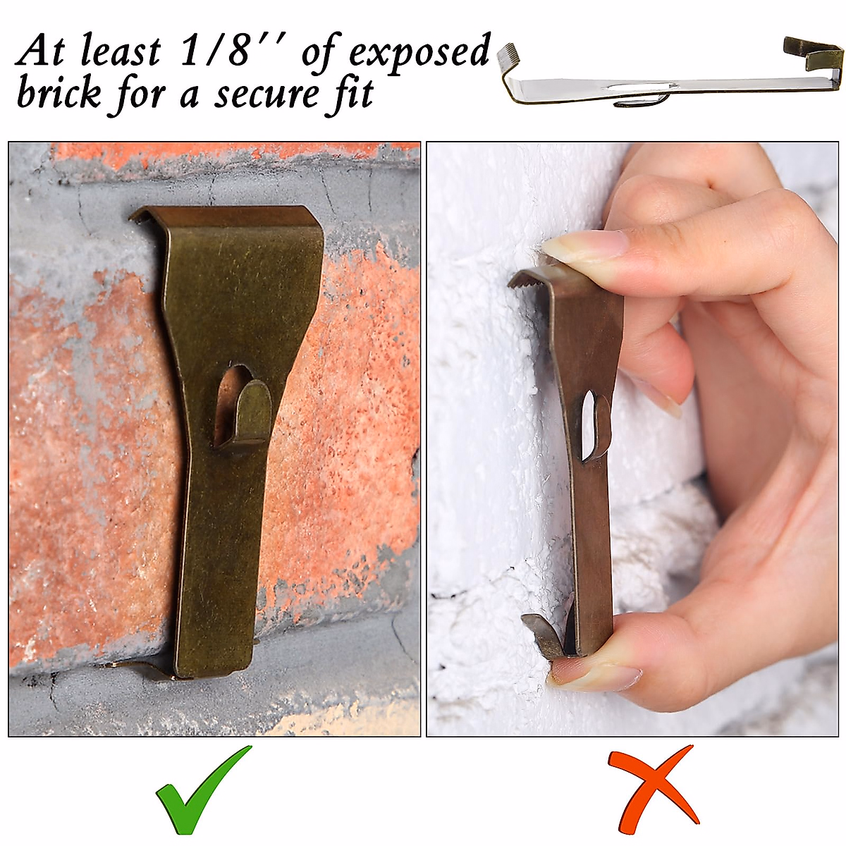 Ripeng 8 Pieces Brick Wall Clips and Hooks for Hanging Outdoors No Drill, Brick Hangers Fit 2-1/4 to 2-3/8 Inch Hooks to Hang Wall Decor, Pictures, Christmas Decorations Hangers (Bronze)