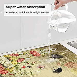 Flowers Butterfly Printed Drying Mat For Kitchen Ultra Absorbent Microfiber Dishes Drainer Mats Non-Slip Silicone Quick Dry Pad - 18 X 16inch