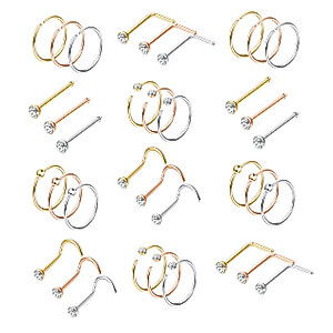 MILACOLATO 36Pcs Nose Rings for Women 20G 316L Stainless Steel Nose Rings Hoops Screw Straight L Shape Nose Studs Hypoallergenic CZ Nostril Cartilage Lip Tragus Nose Piercing Jewelry for Women Men