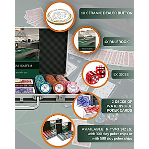 Bullets Poker Set with Designer Case Carmela – Deluxe Set, Chips and Cards, Rules Manual, Dealer Button and Bullets Plastic Playing Cards – Comes with a Case, 300 Clay Poker Chips.