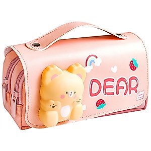 FEWOFJ Cute Bear Pencil Case for Kids,Kawaii Girls Pencil Pouch with Compartments,Stress Release Pencil Bag for Elementary Students(Pink)