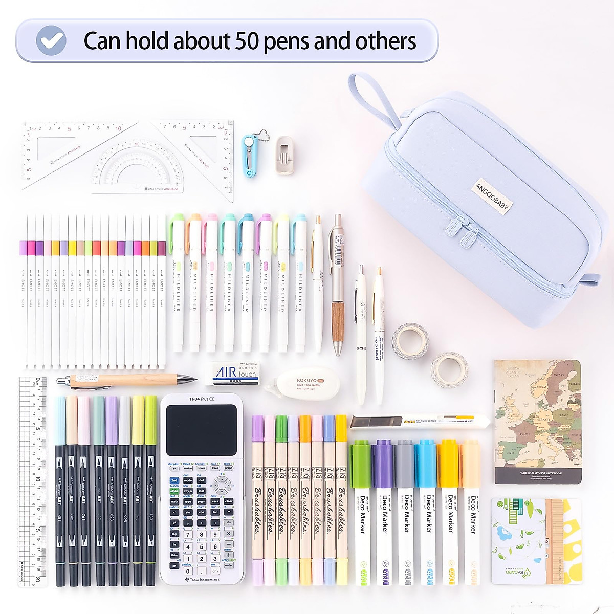 ANGOOBABY Big Capacity Large Pencil Case Canvas Pen Pouch Bag with 2 Compartments for Girls Boys Teen School Students Adults - Blue