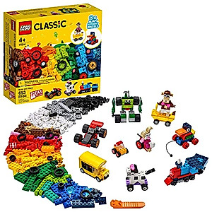 LEGO Classic Bricks and Wheels 11014 Building Kit, Includes a Toy Car, Train, Bus, Robot, Skateboarding Zebra, Race Car, Bunny in a Wheelchair, Pull-Along Duck and a Monkey on a Banana Skateboard