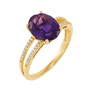 Welry Natural Amethyst Oval-Cut Ring with 1/10 cttw Diamonds in 10K Yellow Gold, Size 7
