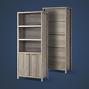 OAKHAM HOME Bookcase, Tall Bookshelf with Doors Cabinet 15.4in Depth, 5 Tier Book Shelf, Wood Oak 1.4" MDF Bookcases with Storage Floor Standing, Farmhouse Bookshelves (Grey Oak, 2 Pieces)