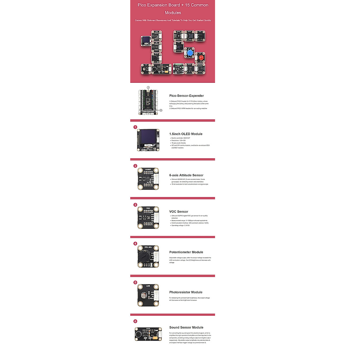 XYGStudy Raspberry Pi Pico Entry-Level Sensor All-in-one Design Kit, Including Pico Expansion Board and 15 Common Modules (Pico-Sensor-Kit-B)