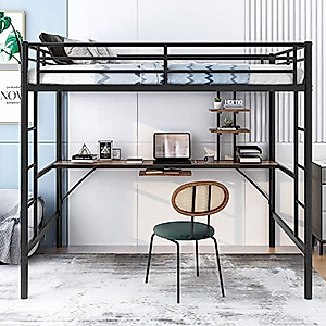 SOFTSEA Full High Loft Bed with Desk and Shelves for Small Space, Metal Loft Bed for Kids Teens, Indsutrial Style