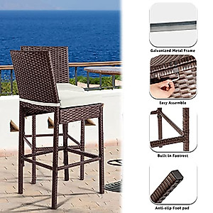 Outdoor Bar Stools Wicker Woven Patio Stools & Patio Bar Chairs Set of 4 Counter Bar Height Stools with Footrest Armless Cushion Beige All Weather Rattan Garden Stool for Pool Lawn Porch Backyard