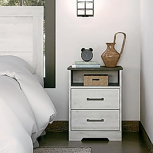Prepac Rustic Ridge Farmhouse Bedroom Nightstand with 2 Drawers and an Open Cubby, Wooden Bedside Table for Bedroom, Office, or Living Room, 16.25in x 18.75in x 24.5in, Washed White