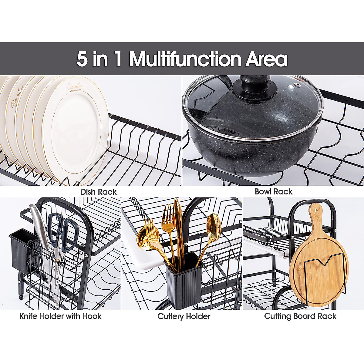 Supercenter Dish Drying Rack,2 Tier Dish Racks for Kitchen Counter with Drainboard,Rust-Resistant Drying Rack with Cutting Board Holder,Black