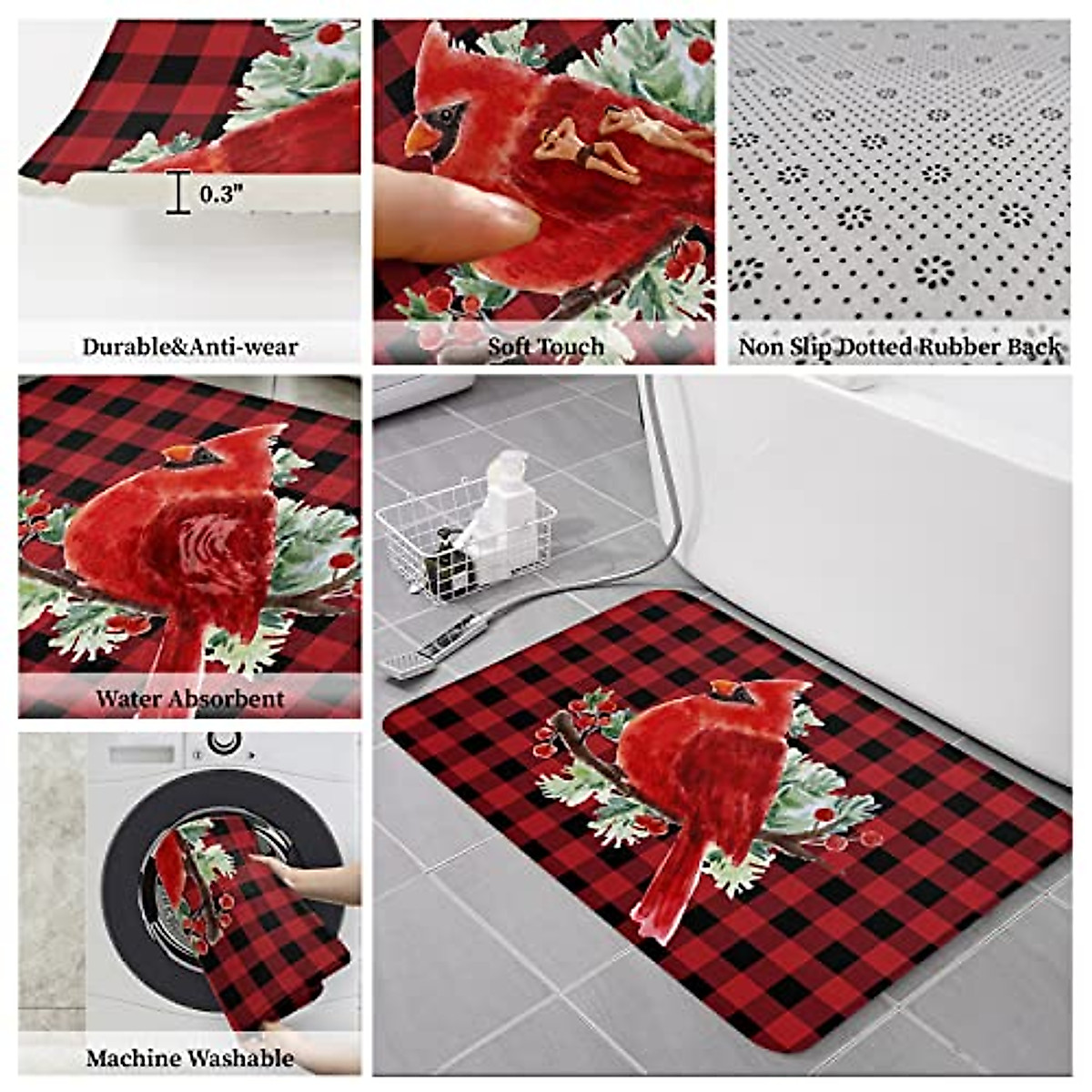 Libaoge Kitchen Mat Rug 1 PCS Christmas Robin Red Black Buffalo Plaid Runner Rug Anti-Fatigue Comfort Memory Foam Standing Mat Non-Slip Floor Door Mat for Bathroom Bedroom 20x47in