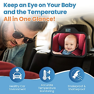 Thermomirror - Baby Car Mirror with Temperature Display, Car Seat Mirror for Baby Rear Facing, New Born Essentials Must Haves, Infant Car Seat Mirror for Baby Travel Gear - Wide Angle (Black)