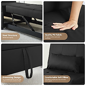 weselon 4-in-1 Convertible Chair Bed Leather, Pull Out Sofa Bed Sleeper Chair with Adjustable Backrest, Small Ottoman Single Bed for Home Living Room (Black)