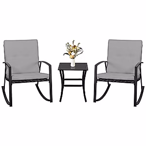 Walsunny 3 Pieces Patio Set Outdoor Wicker Patio Furniture Sets Modern Rocking Bistro Set Rattan Chair Conversation Sets with Coffee Table (Grey)