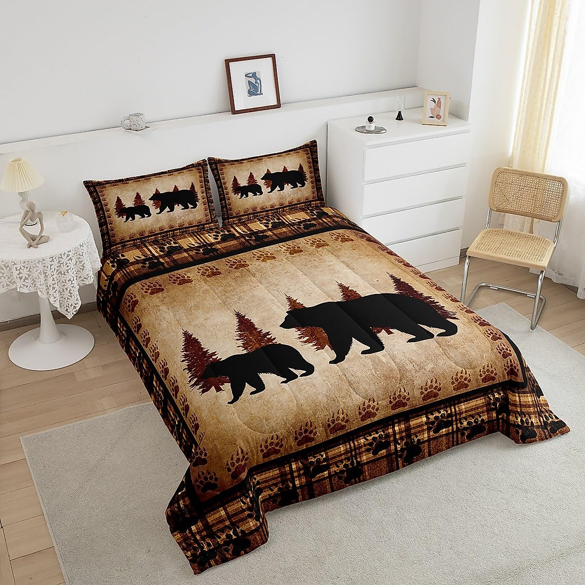 Feelyou Kids Bear Comforter Set Rustic Cabin Country Bedding Set Twin Size for Boys Girls Teens Rust Bear Comforter Wild Animal Brown Duvet Set with 1 Pillow Case