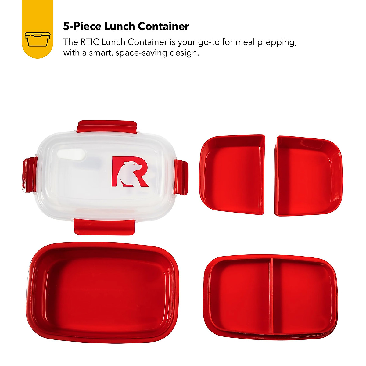 RTIC 5 Compartment Lunch Containers, Hot Food Container With Lid For Adults Or Kids, Microwave Safe Divided Snack Lunch Box For Work, School Or Travel, Reusable, BPA Free With Vent Space, Red