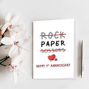 Qiliji Happy 1st Anniversary Card, Funny 1 Year Wedding Anniversary Card, Paper Anniversary Greeting Card, Rock Paper Scissors