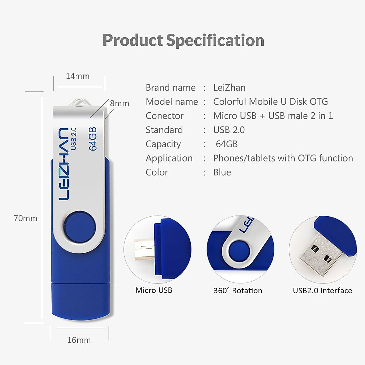 Leizhan Micro USB Flash Drive 128GB Thumb Drive Micro OTG Memory Stick Pendrive USB 2.0 Jump Drive Android Memory Stick U Disk, Blue