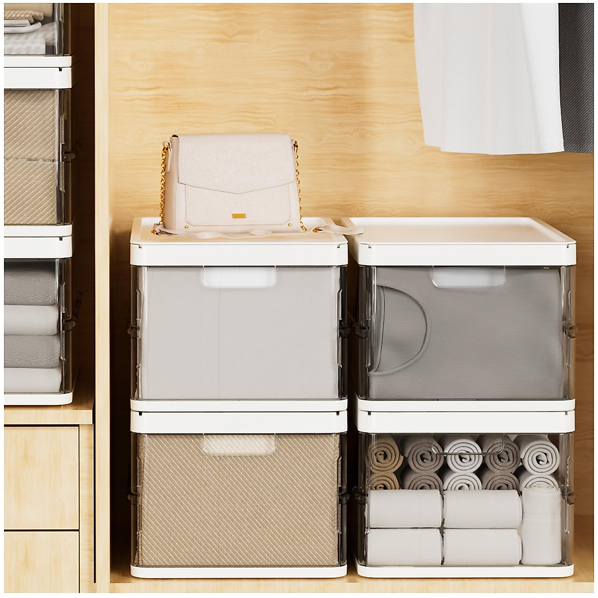 19QT Upgrade 4 Pack Stackable Storage Bins with 2 lids, Closet Organizers and Storage, Foldable Plastic Drawer Storage for Clothes, Toys, Clear with Black (Plastic)